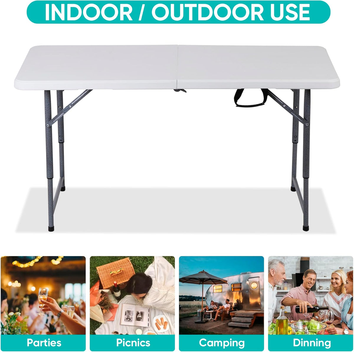 ZENY™ 4 ft Adjustable Folding Table, Indoor Outdoor Portable Plastic D ...