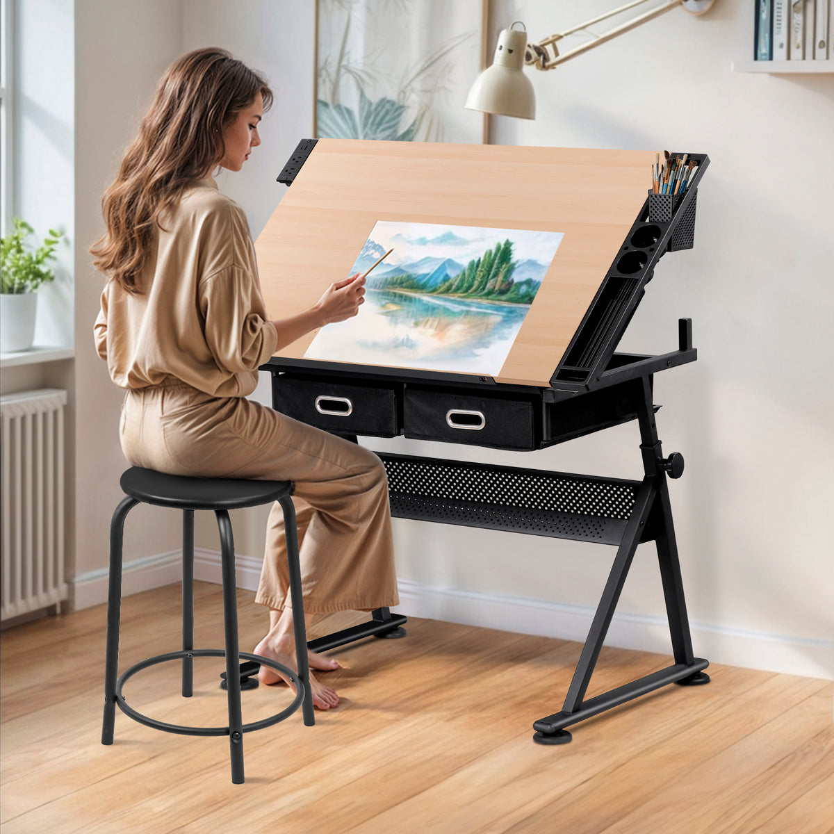 ZENY Adjustable Drafting Table with Stool, Tilting Drawing Desk Artist ...
