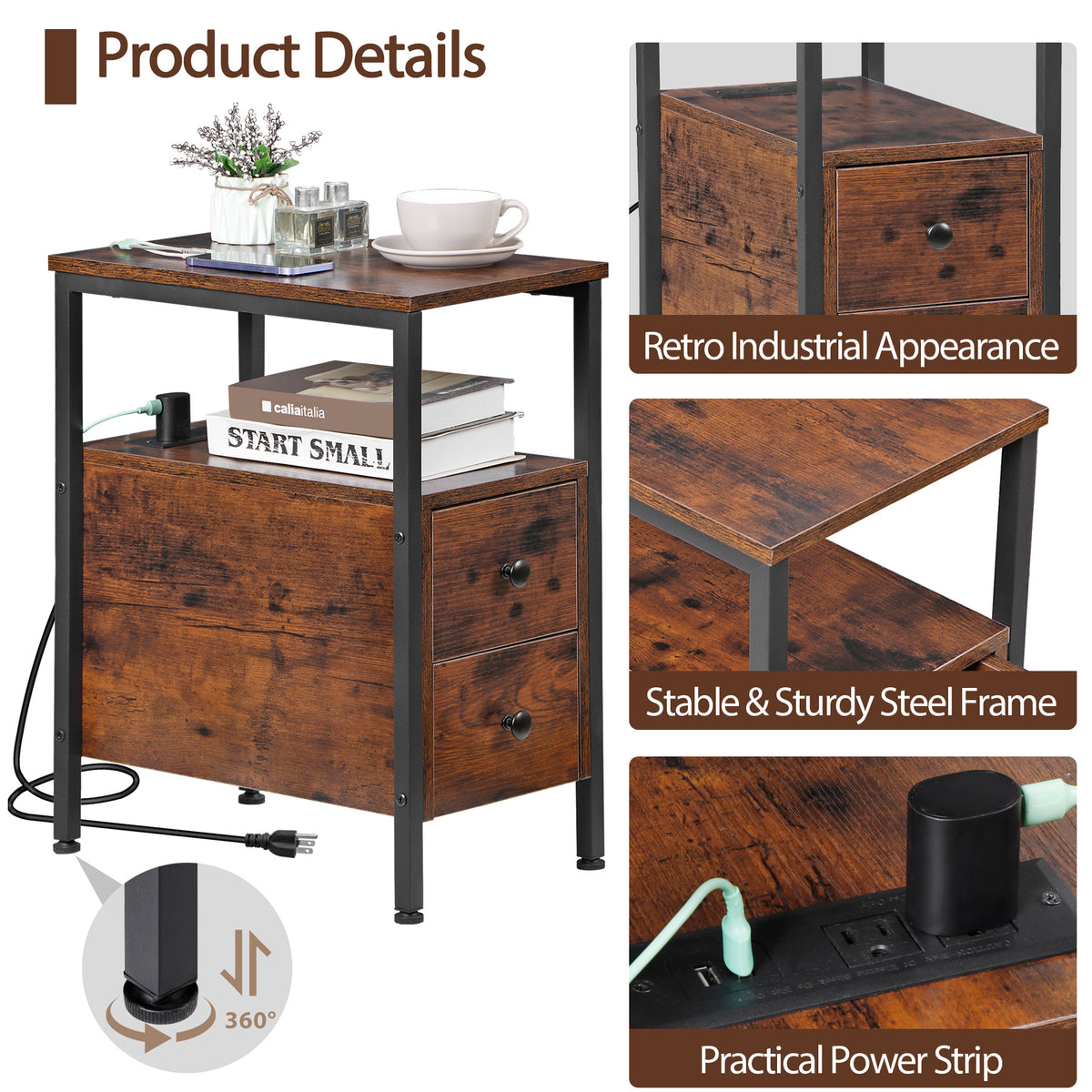 ZENY End Table with Charging Station, Nightstand for Small Spaces, Nar ...