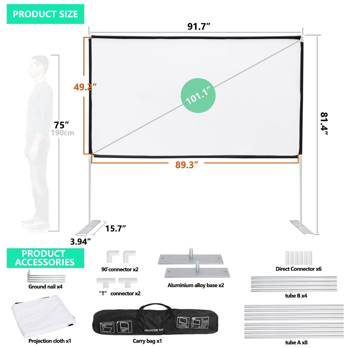 ZENY™ Projector Screen w/Stand 100" 16:9 HD 4K Rear/Front Projections ...